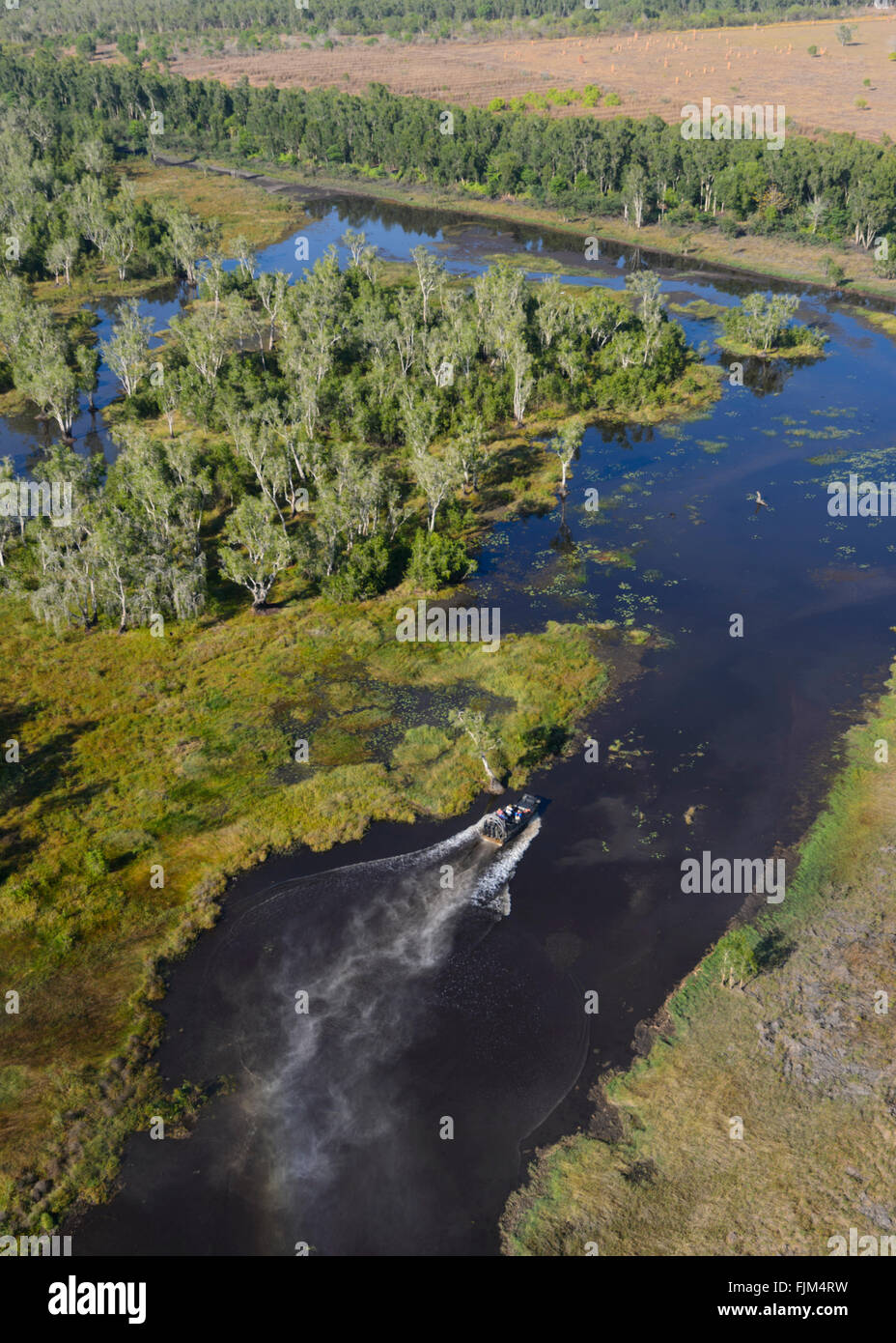 Aerial view of the airboat carrying tourists belonging to Outback ...
