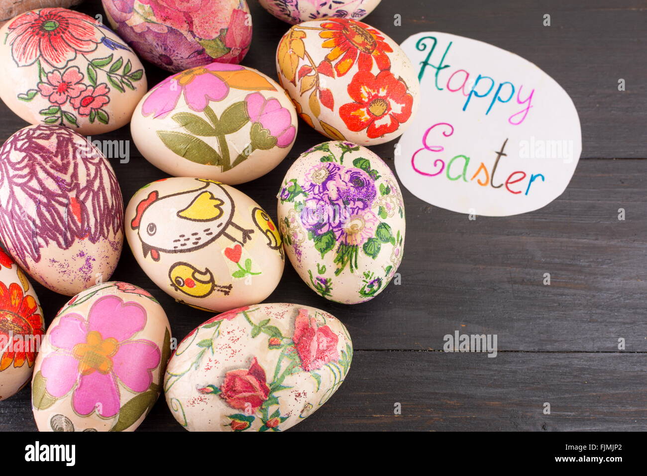 Happy Easter card with decoupage decorated Easter eggs Stock Photo - Alamy