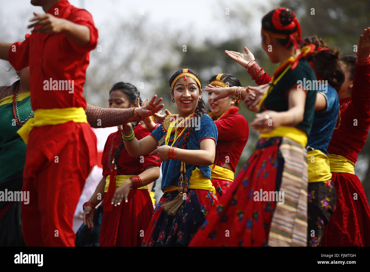 Kathmandu, Nepal. 3rd Mar, 2016. Nepalese girls dressed in traditional ...