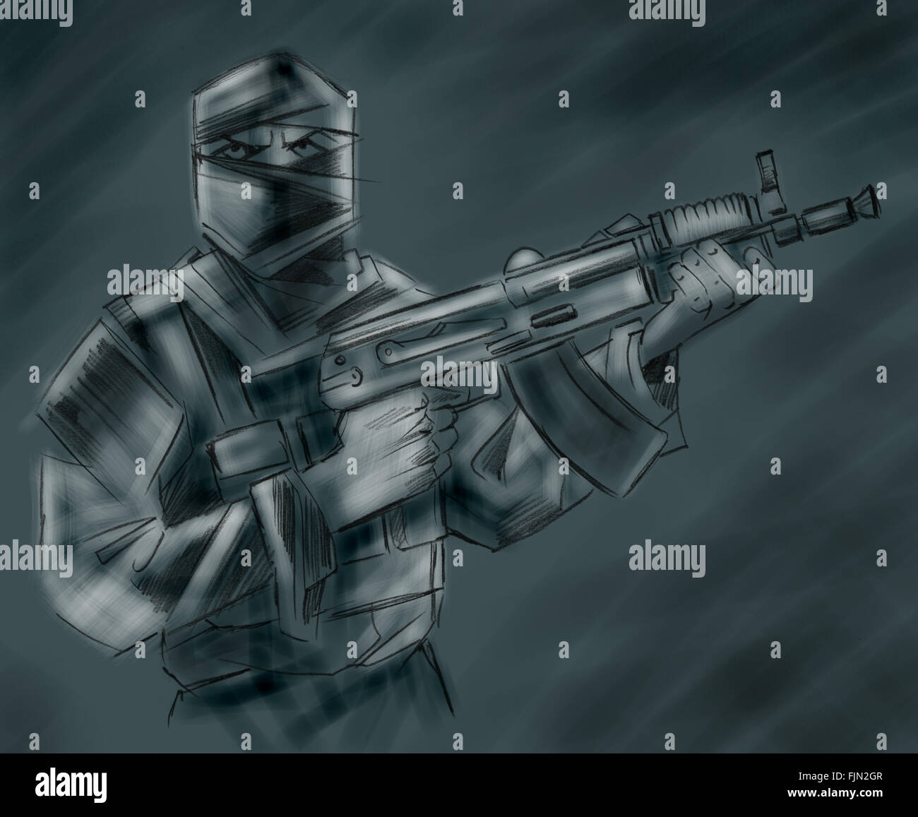 A terrorist who hides his face holds an automatic gun Stock Photo - Alamy