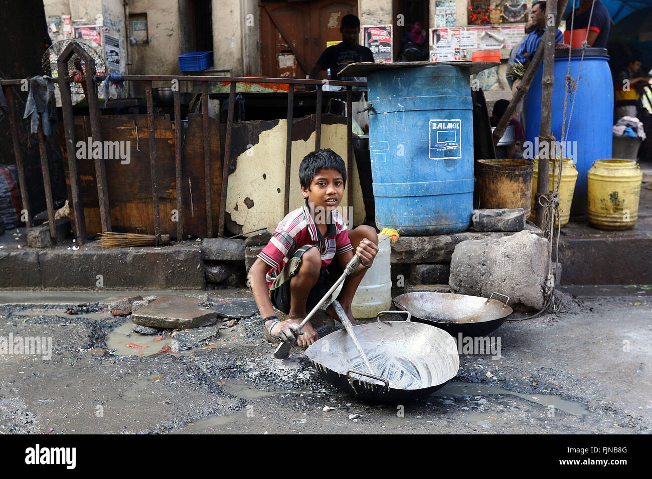 India, 18 February 2016. A child labour work in street shop in Kolkata ...