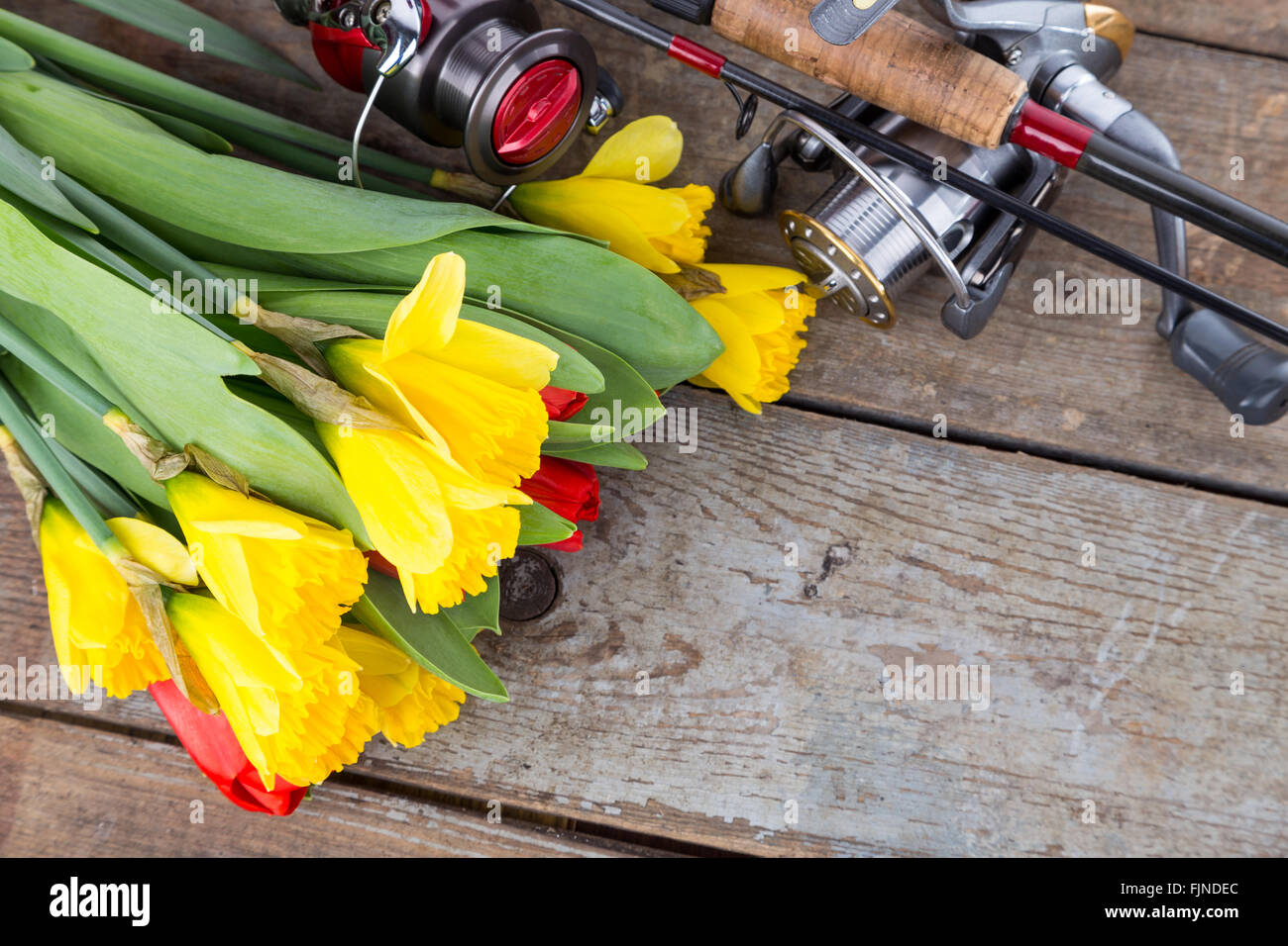 fishing tackles with bouquet of spring flowers narcissus and tulips on ...