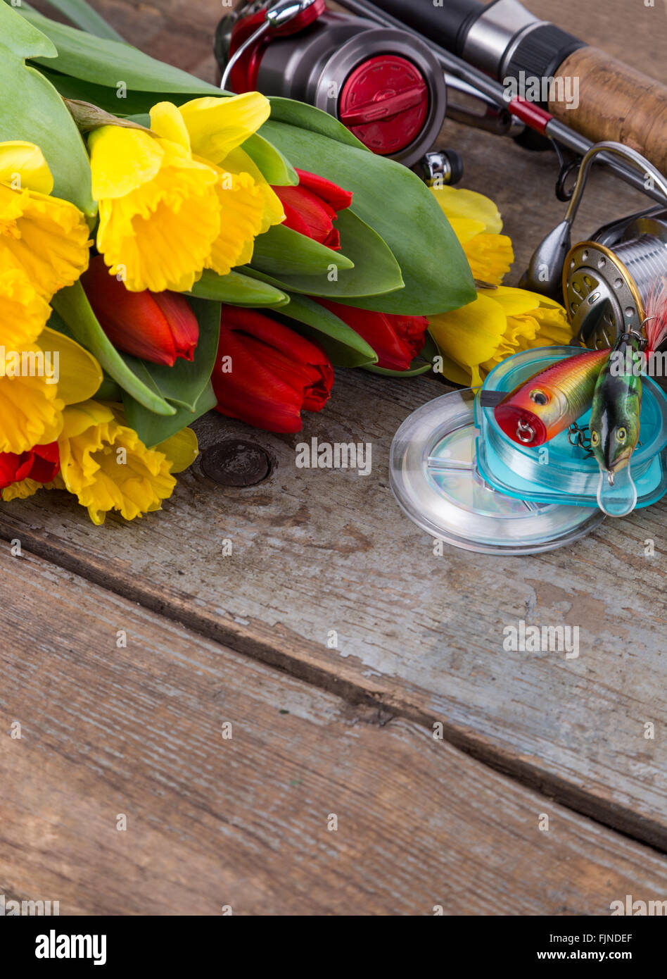 fishing tackles with bouquet of spring flowers narcissus and tulips on ...