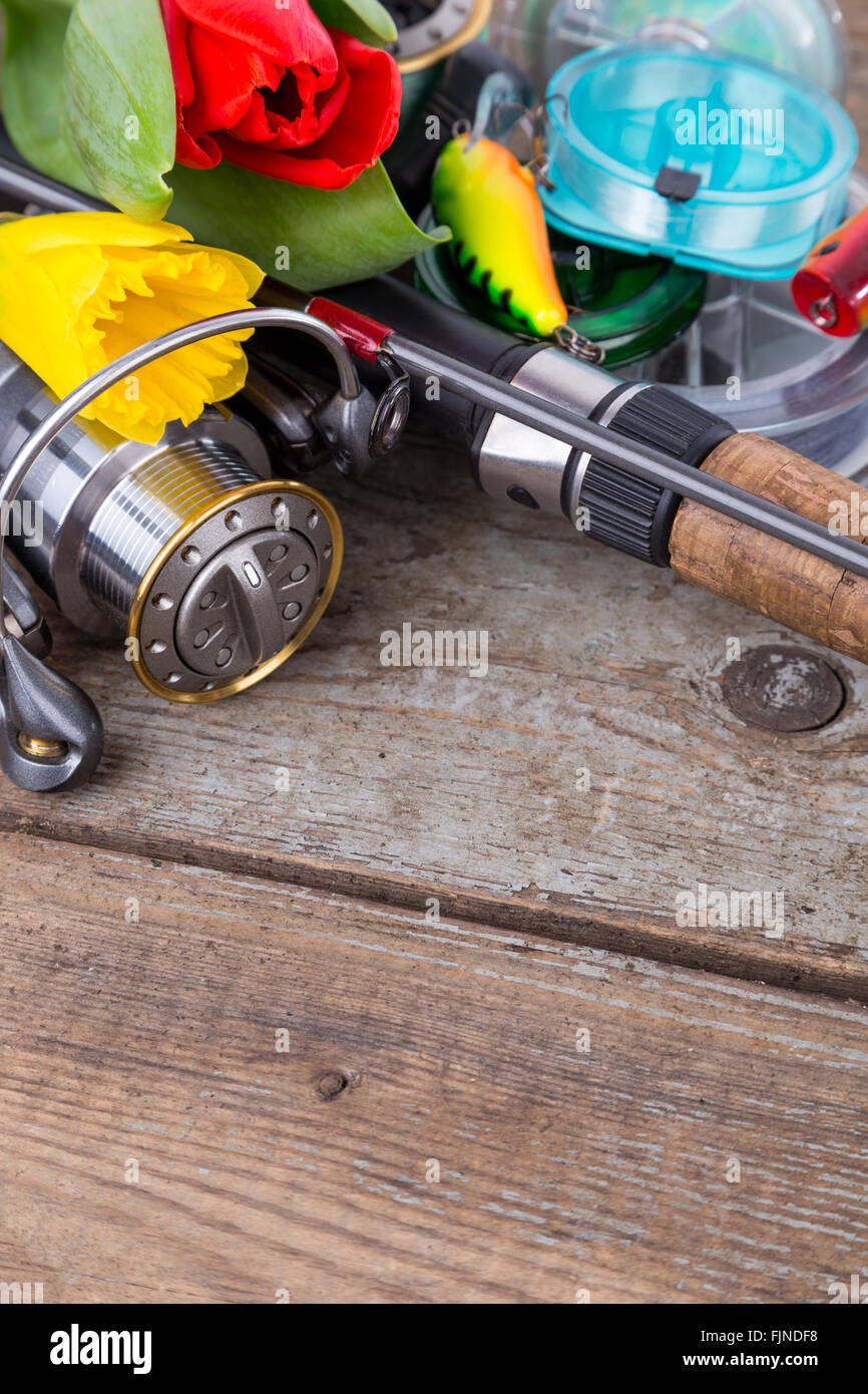 fishing tackles with spring flowers narcissus and tulips on wooden ...