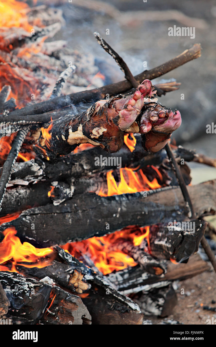 Cremation fire at the bank of holy Ganges river. Varanasi, India Stock ...