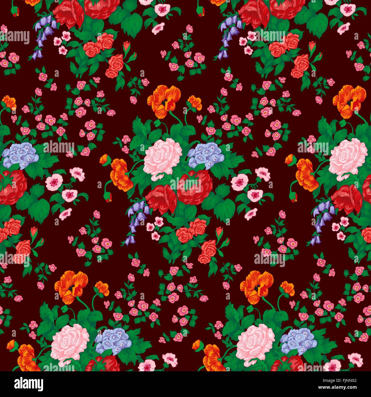 Bouquet with red rose, poppies, bluebells and wild flowers seamless ...