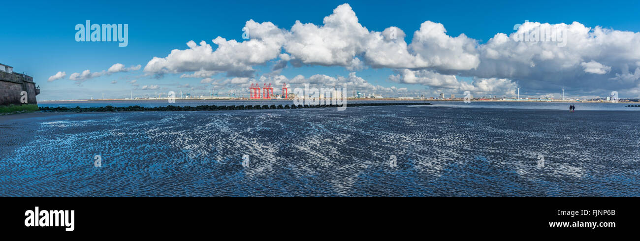 Panoramic view across the River Mersey from New Brighton Stock Photo ...