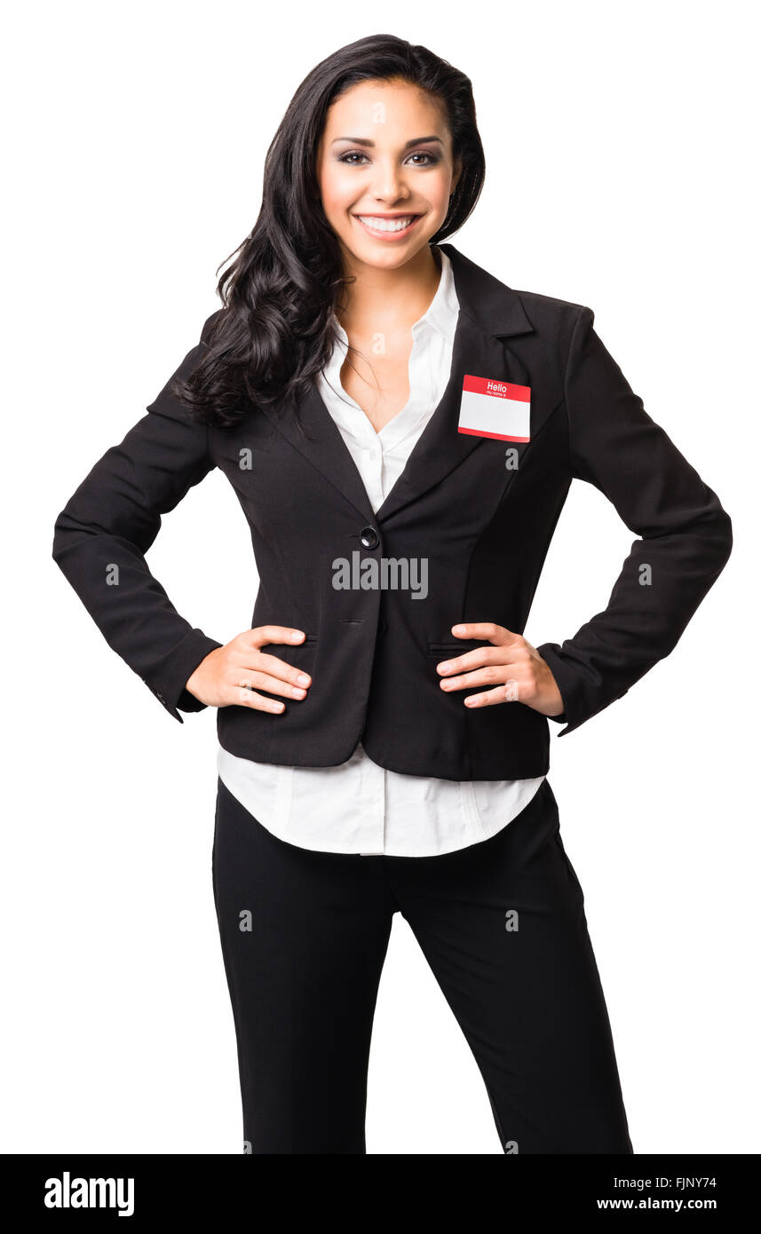 Latin Businesswoman with Hello Name Tag isolated on white background ...