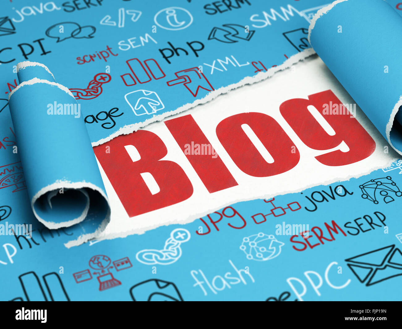 Web development concept: red text Blog under the piece of torn paper ...