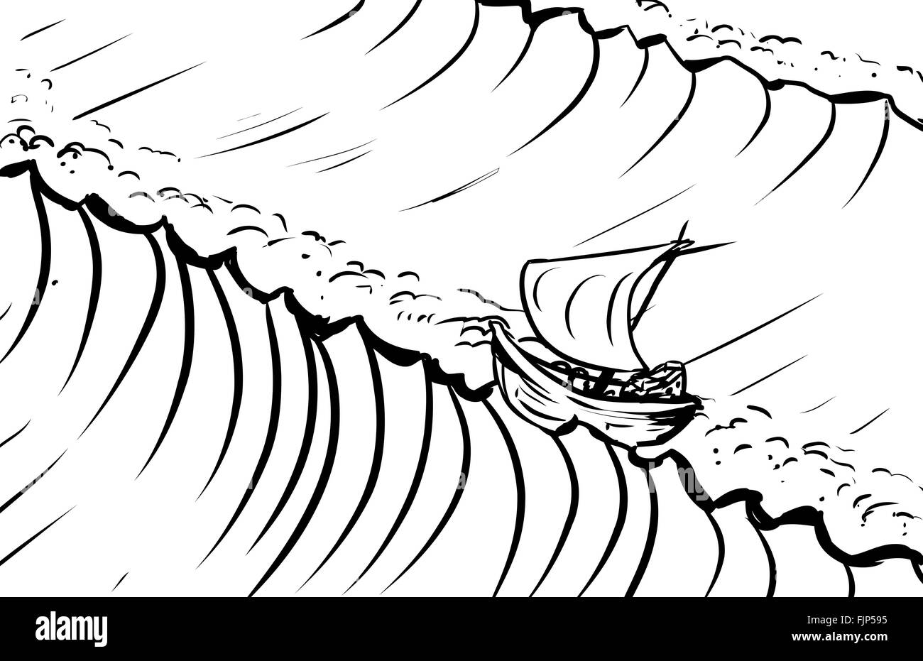 Outlined ship riding tidal waves in deep ocean Stock Photo - Alamy