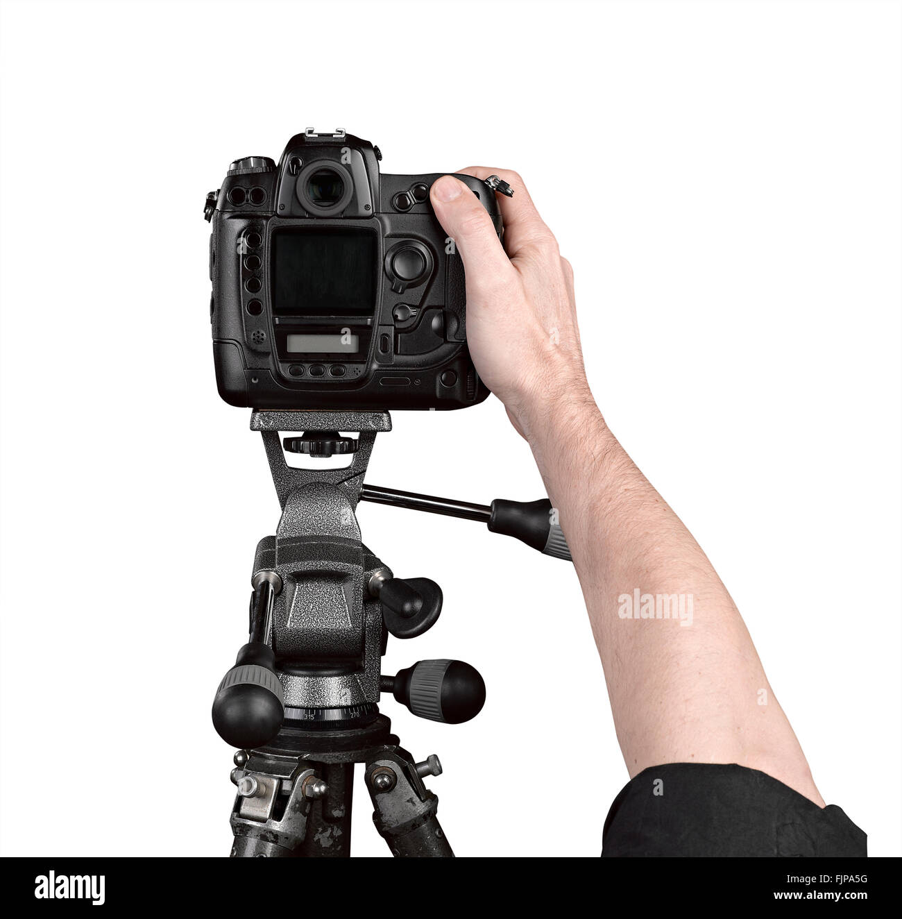 Hands holding a professional camera on tripod, about to take a shot and ...