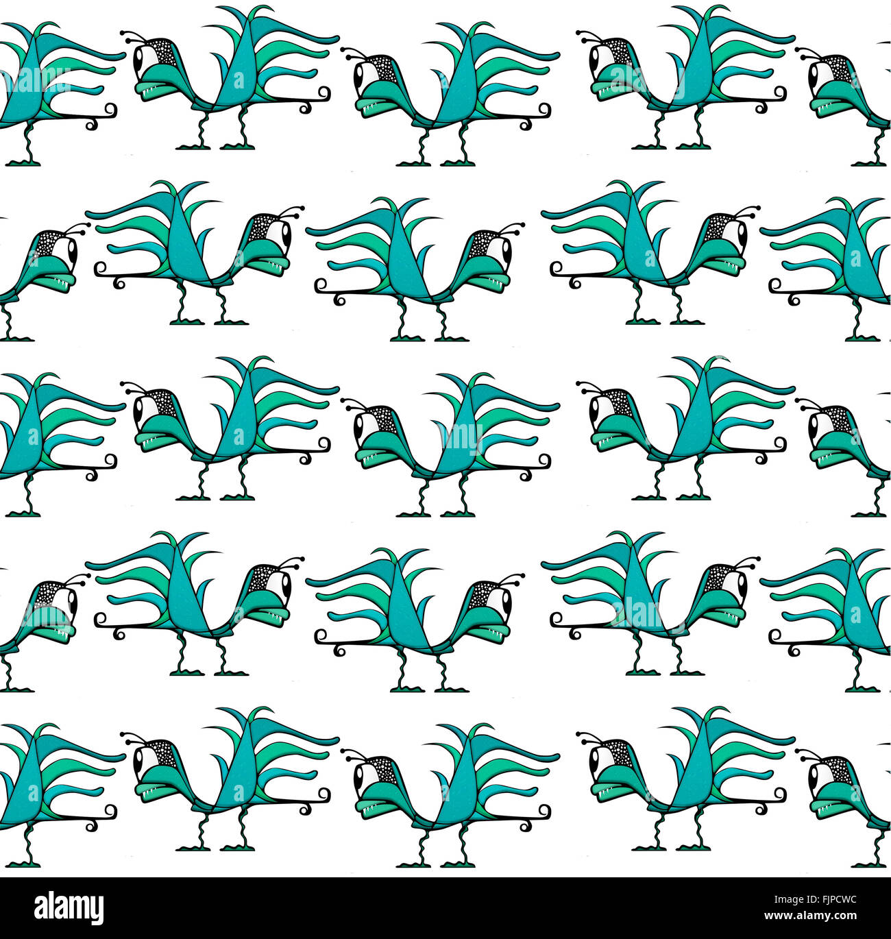 Fantasy turquoise colors insect or bird animal drawing seamless pattern ...