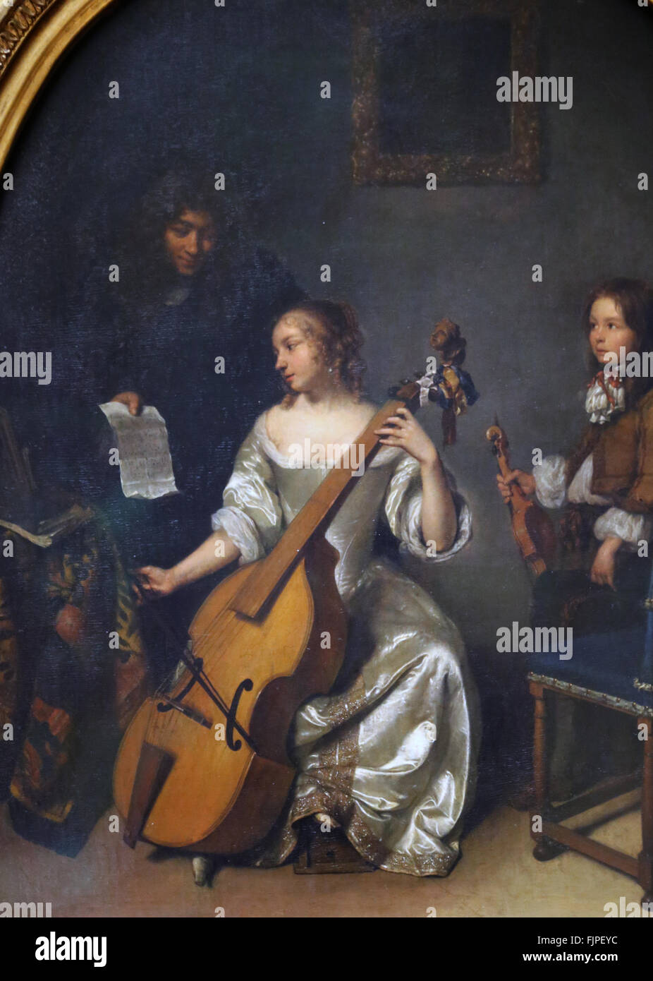 Caspar Netscher (1639-1684). Dutch genre painter. Playing the bass viol ...