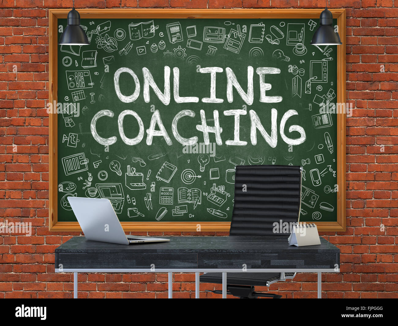Online Coaching on Chalkboard with Doodle Icons Stock Photo - Alamy