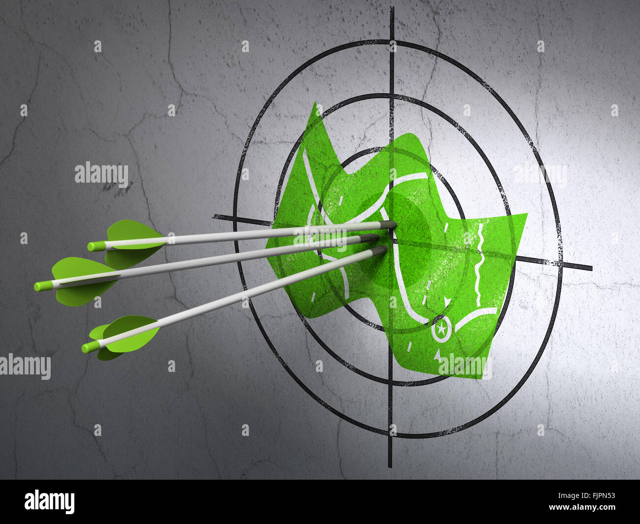 Travel concept: arrows in Map target on wall background Stock Photo - Alamy