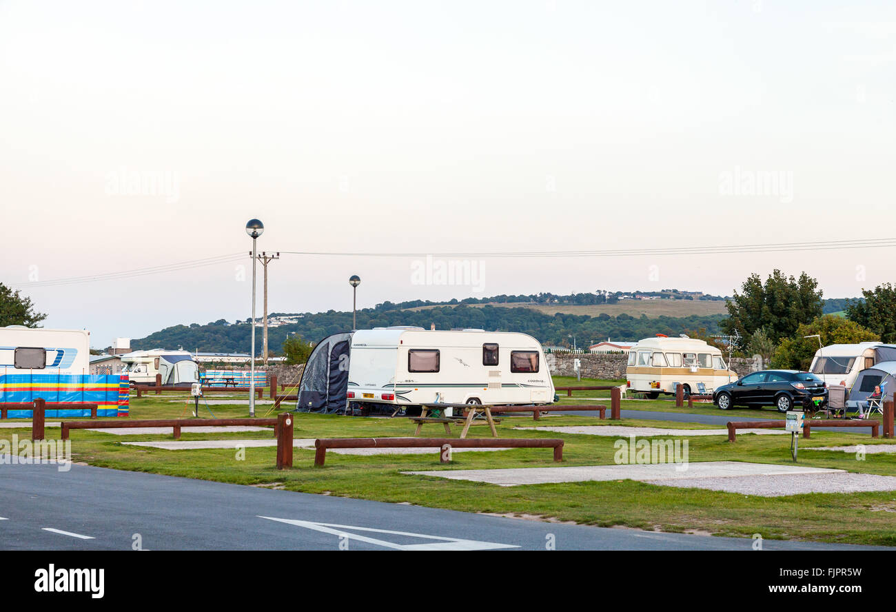 Touring campers at a typical British holiday Park in Prestatyn, North ...