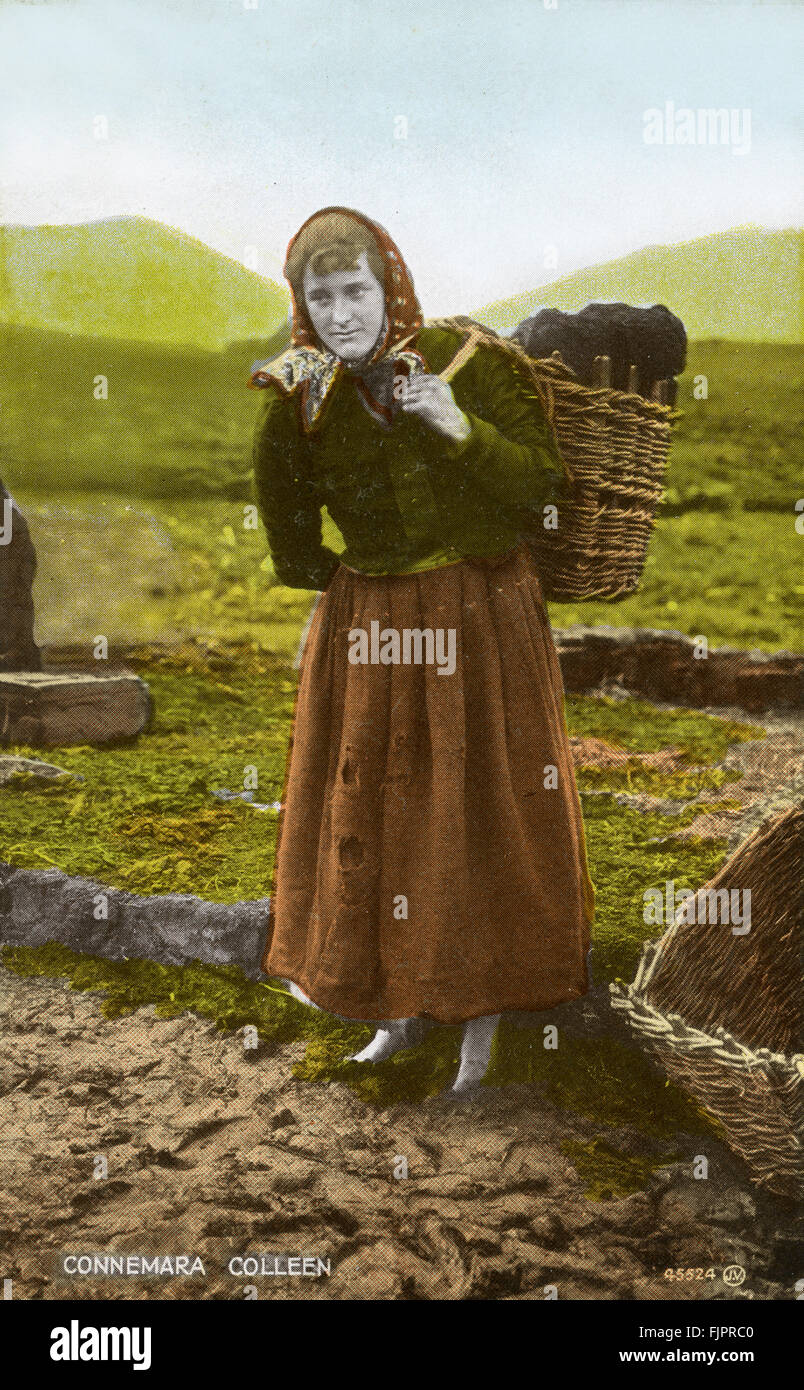 Connemara colleen / Irish woman with a basket of turf, postcard Stock ...