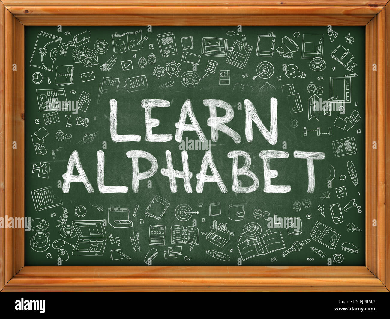 Learn Alphabet Concept. Green Chalkboard with Doodle Icons Stock Photo ...