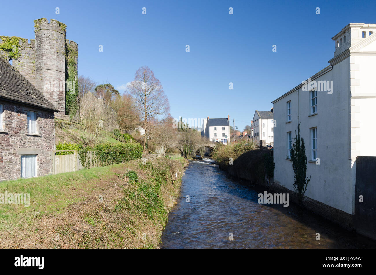 Stream running past Brecon Castle and joining the River Usk in Brecon ...