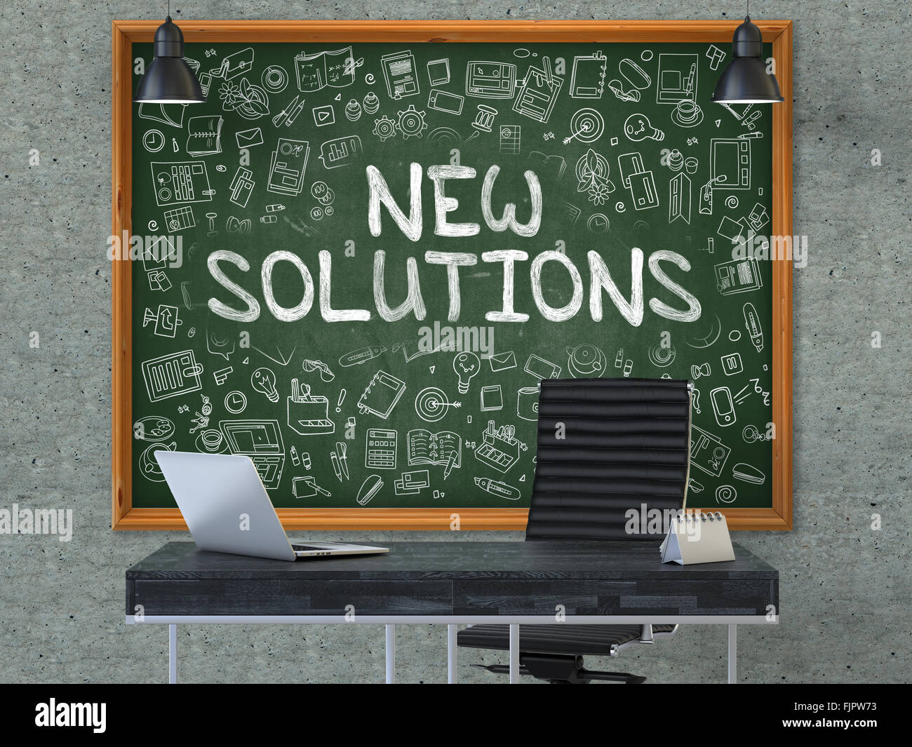 New Solutions on Chalkboard with Doodle Icons Stock Photo - Alamy