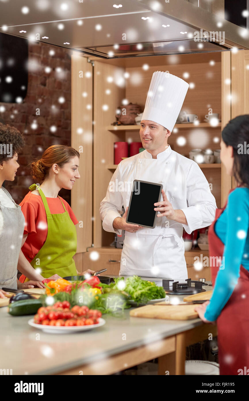 happy women with chef and tablet pc in kitchen Stock Photo - Alamy