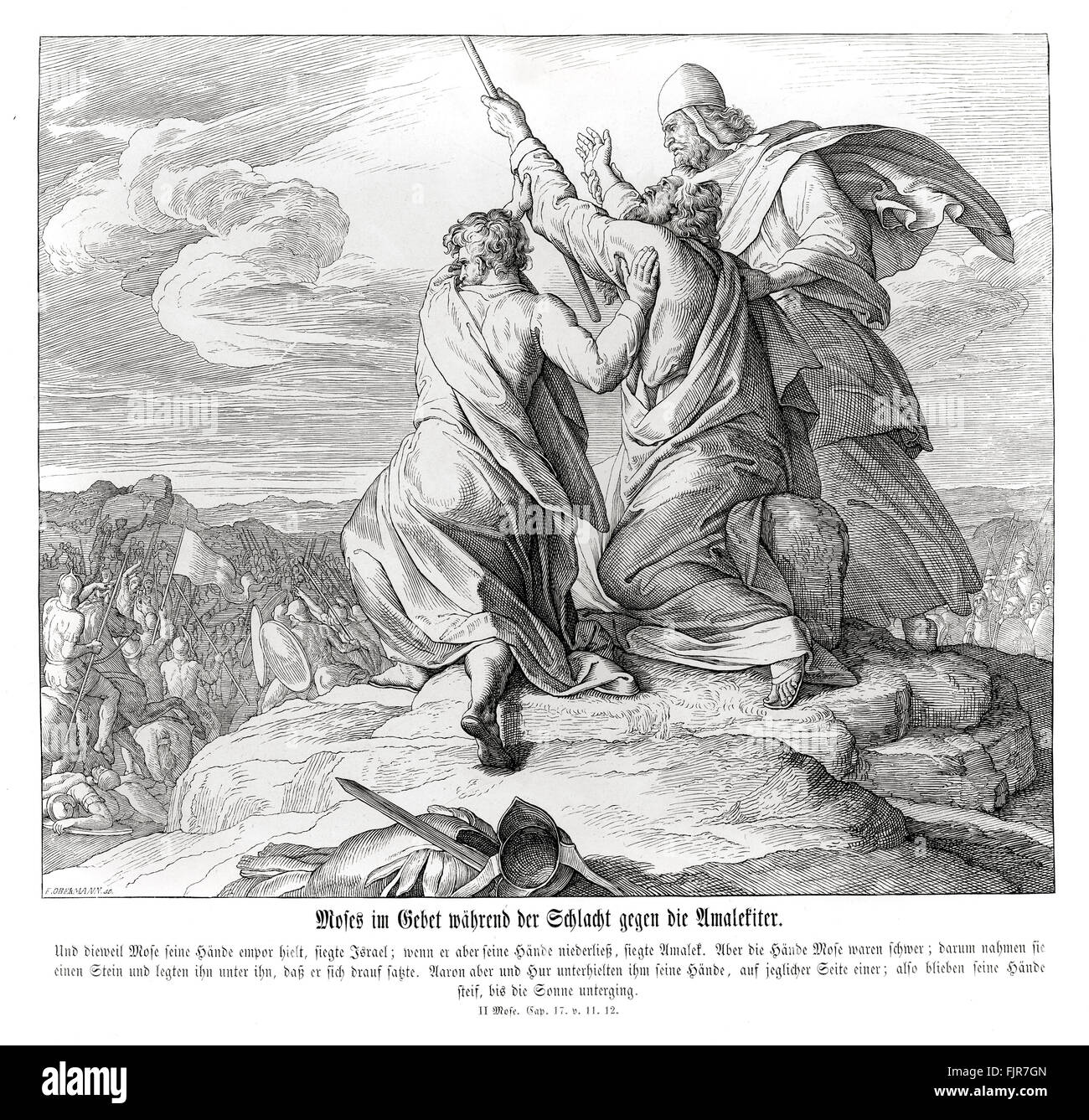Moses prays during the battle with Amalek, Exodus chapter XVII verses ...