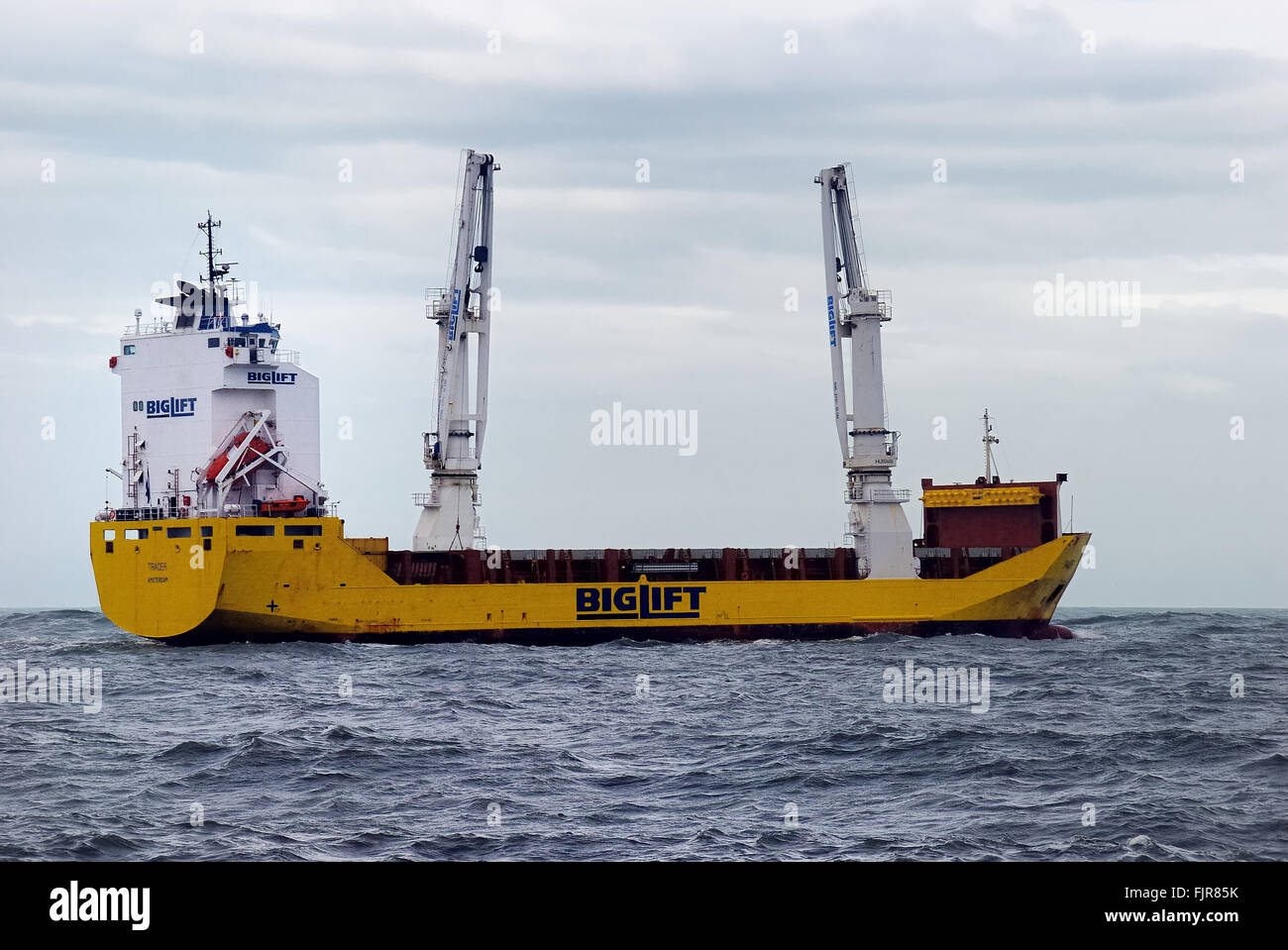 February 29th, 2016. Bad weather in northern Adriatic sea. A cargo ship ...