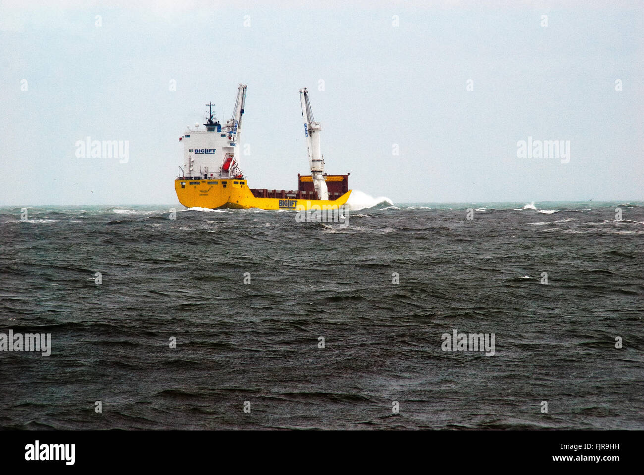 February 29th, 2016. Bad weather in northern Adriatic sea. A cargo ship ...