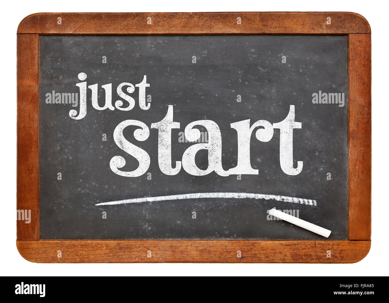 just start sign - white chalk text on a vintage slate blackboard Stock ...