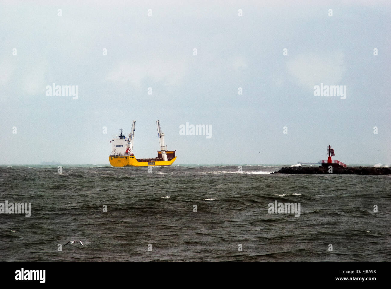 February 29th, 2016. Bad weather in northern Adriatic sea. A cargo ship ...