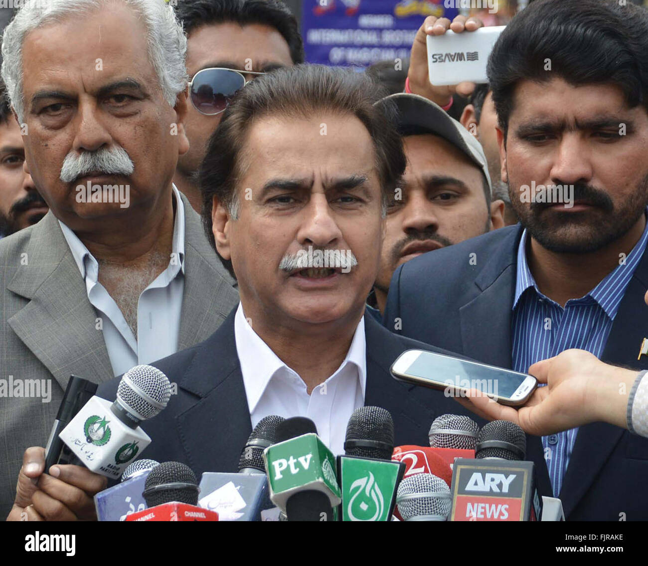 Speaker National Assembly Ayaz Sadiq talking to media persons during ...