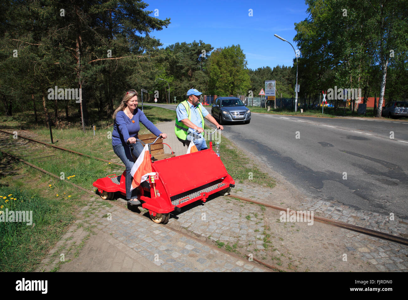 Draisine for tourists in Alt Garge near Bleckede / Elbe, Lower Saxony ...
