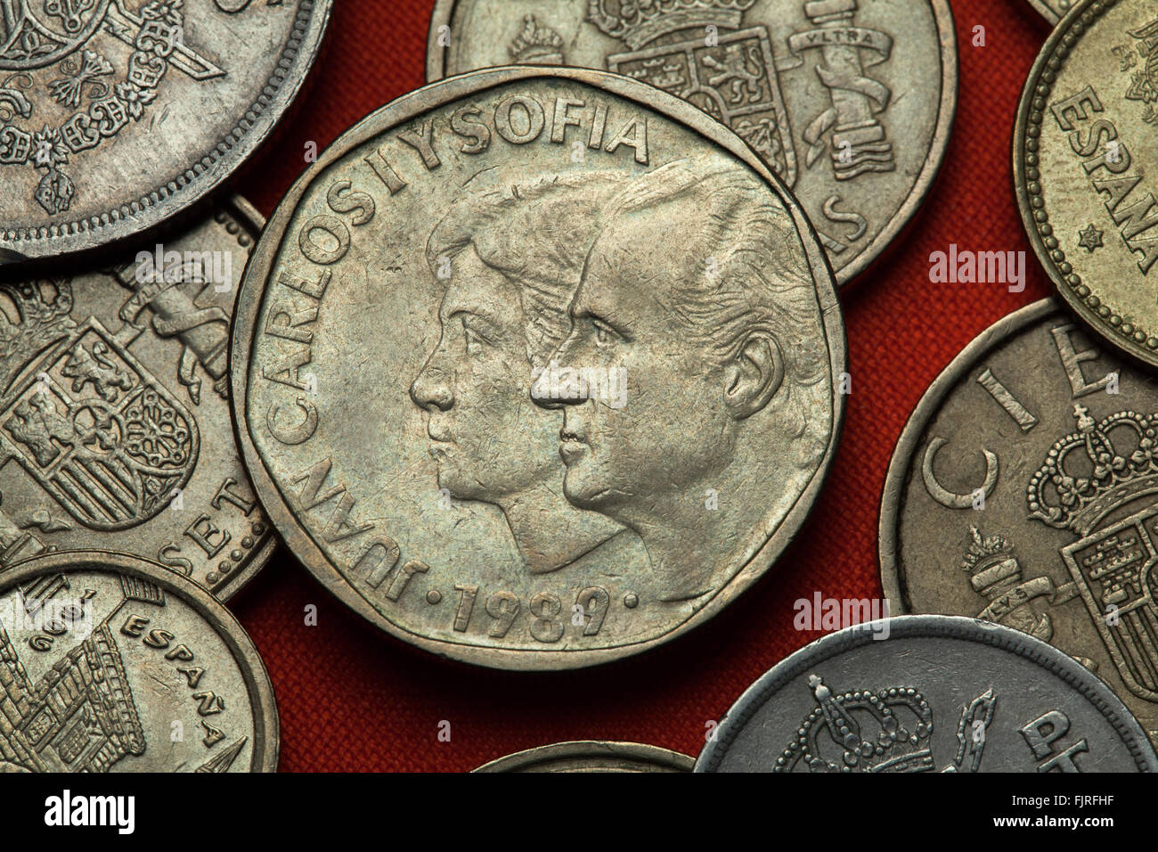 Coins of Spain. King Juan Carlos I and Queen Sofia of Spain depicted in ...