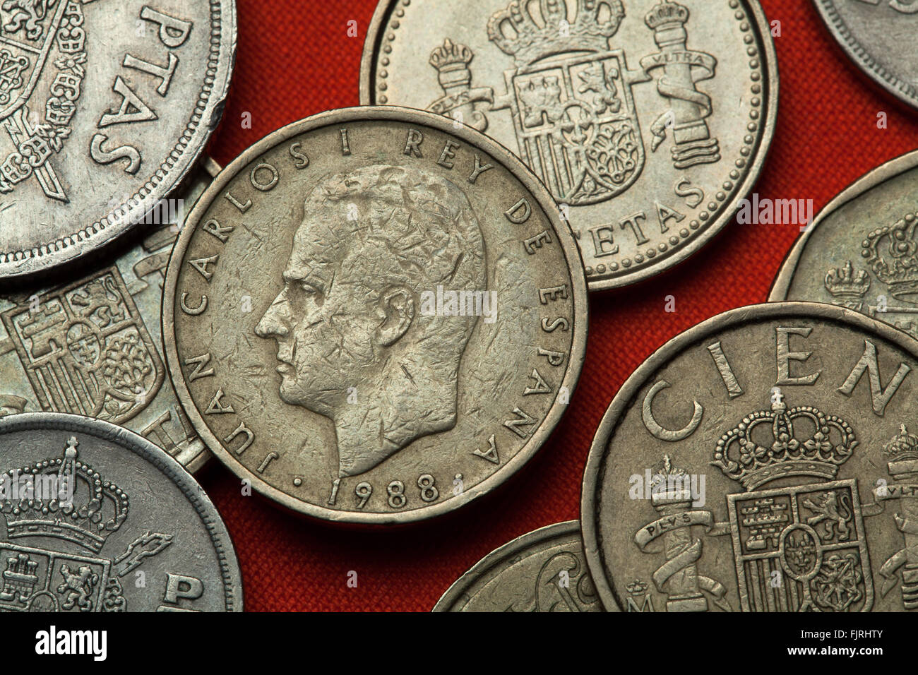Coins of Spain. King Juan Carlos I of Spain depicted in the Spanish 100 ...