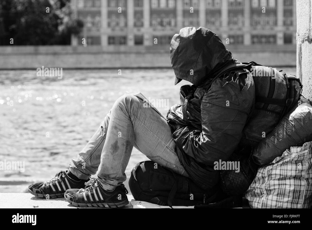 Homeless Person Sitting Street Backpack High Resolution Stock ...