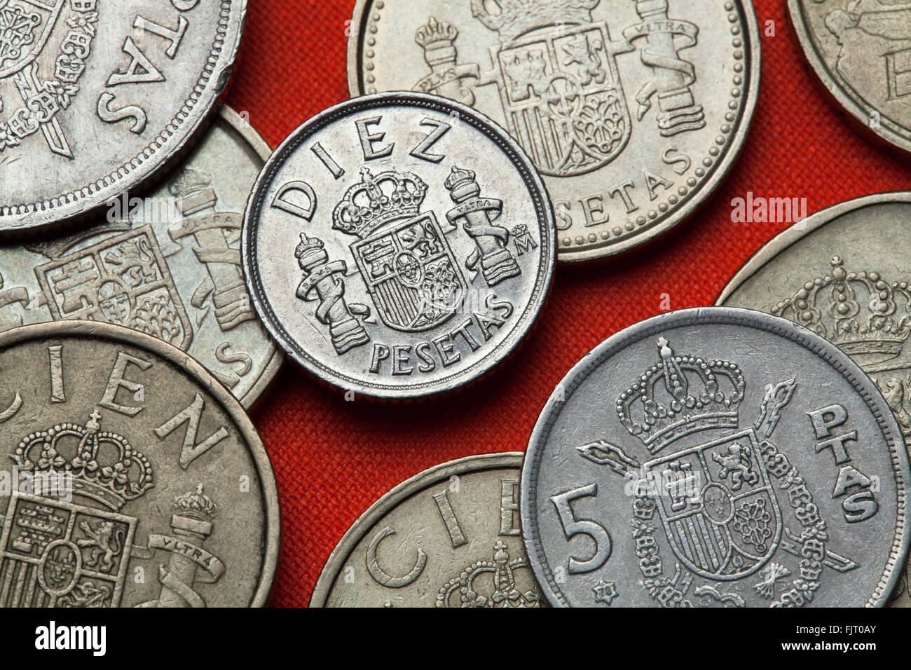 Coins of Spain. Coat of arms of Spain depicted in the Spanish 10 peseta ...