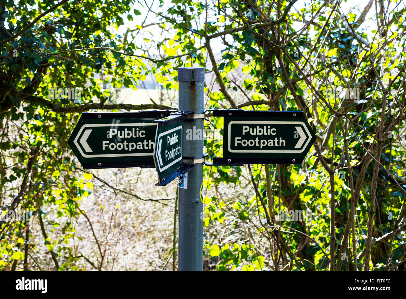 public footpath sign metal post green signs UK England rural Stock ...