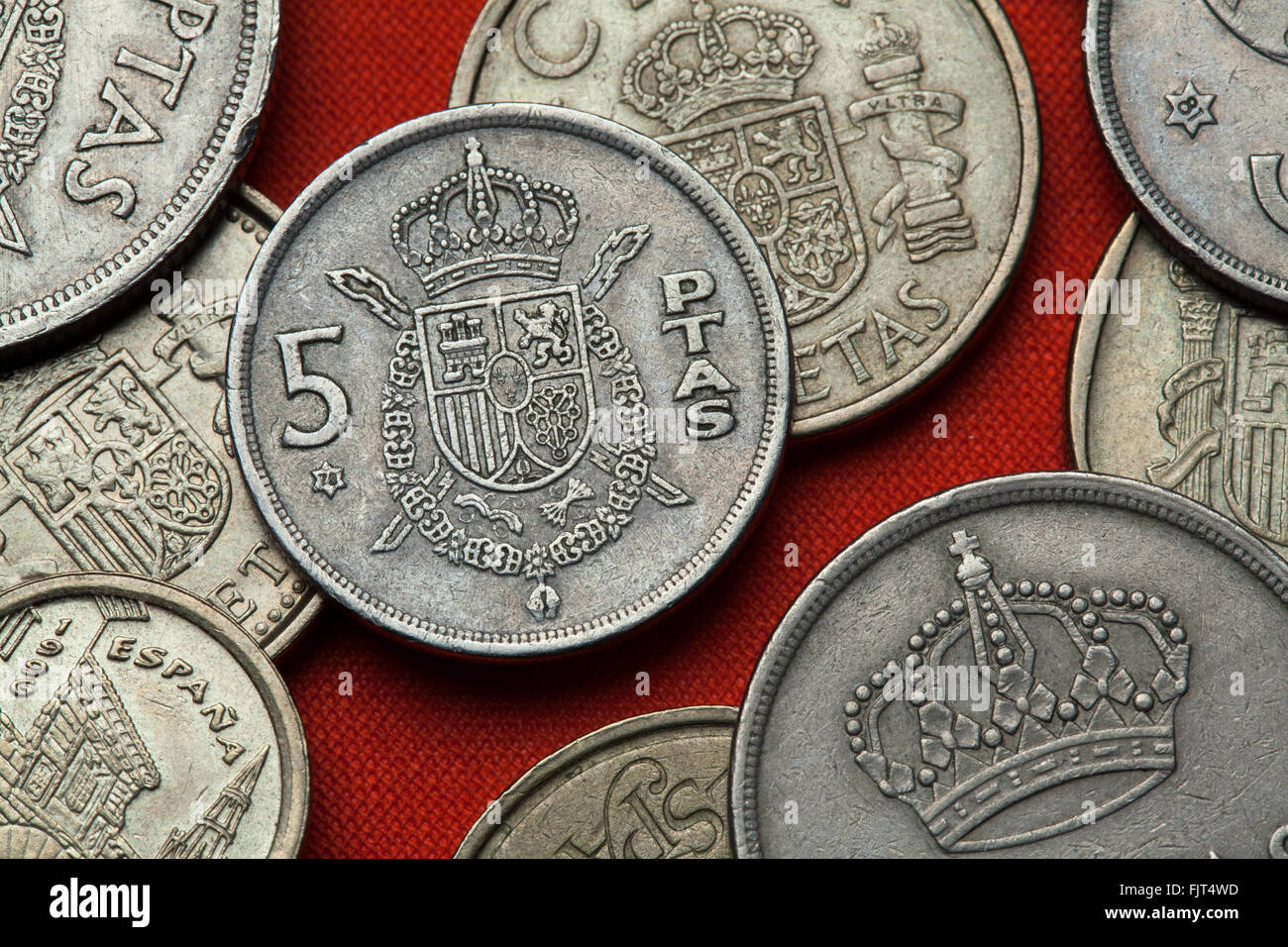 Coins of Spain. Coat of arms of Spain depicted in the Spanish 5 peseta ...