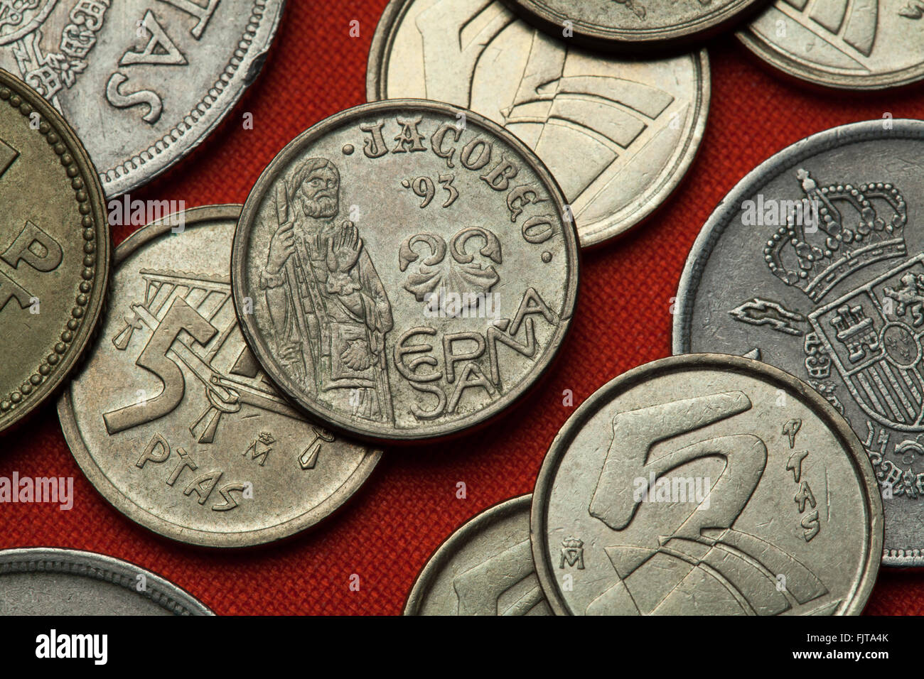 Coins of Spain. Saint James the Great depicted in the Spanish five ...