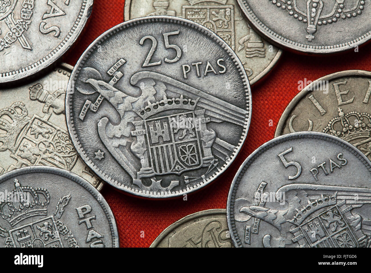 Coins of Spain. Coat of arms of Spain under Franco depicted in the ...