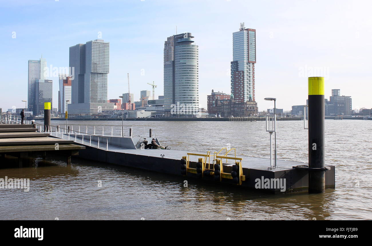 Jetty with Rotterdam skyline. Maastoren (Deloitte HQ), De Rotterdam ...
