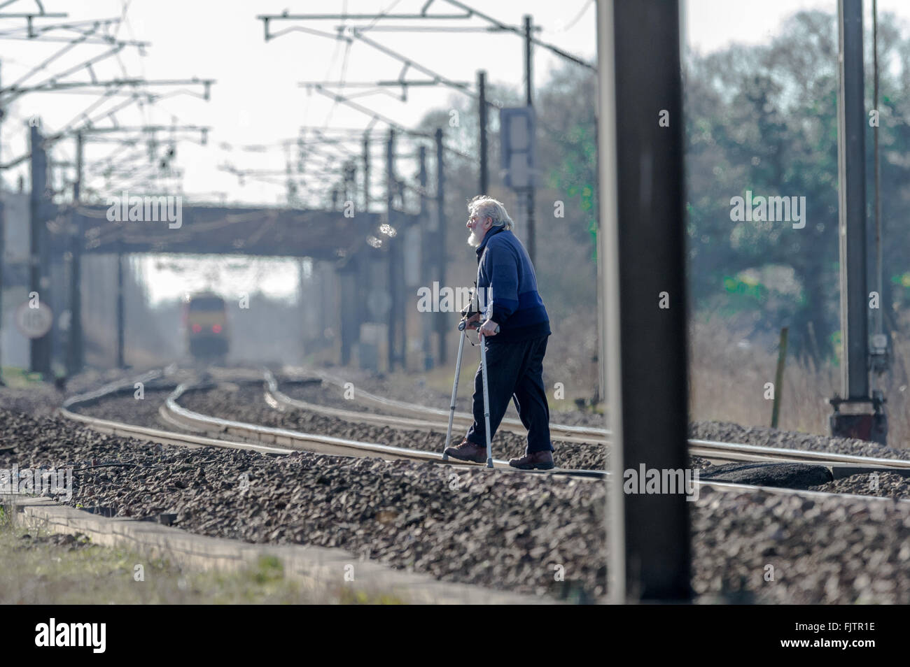 Male using the pedestrian level crossing on the East coast main line ...