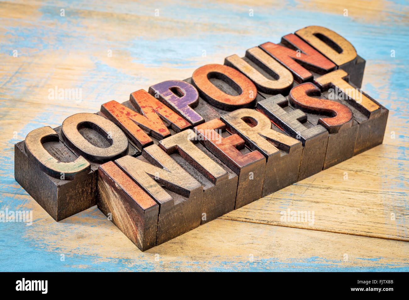 compound interest banner - text in vintage letterpress wood type ...