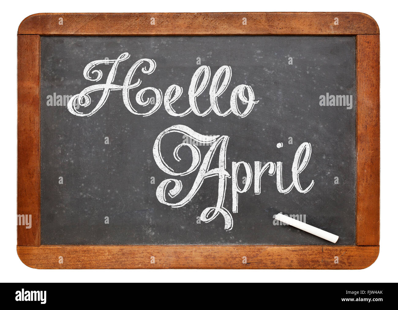 Hello April sign - white chalk text on an isolated vintage slate ...