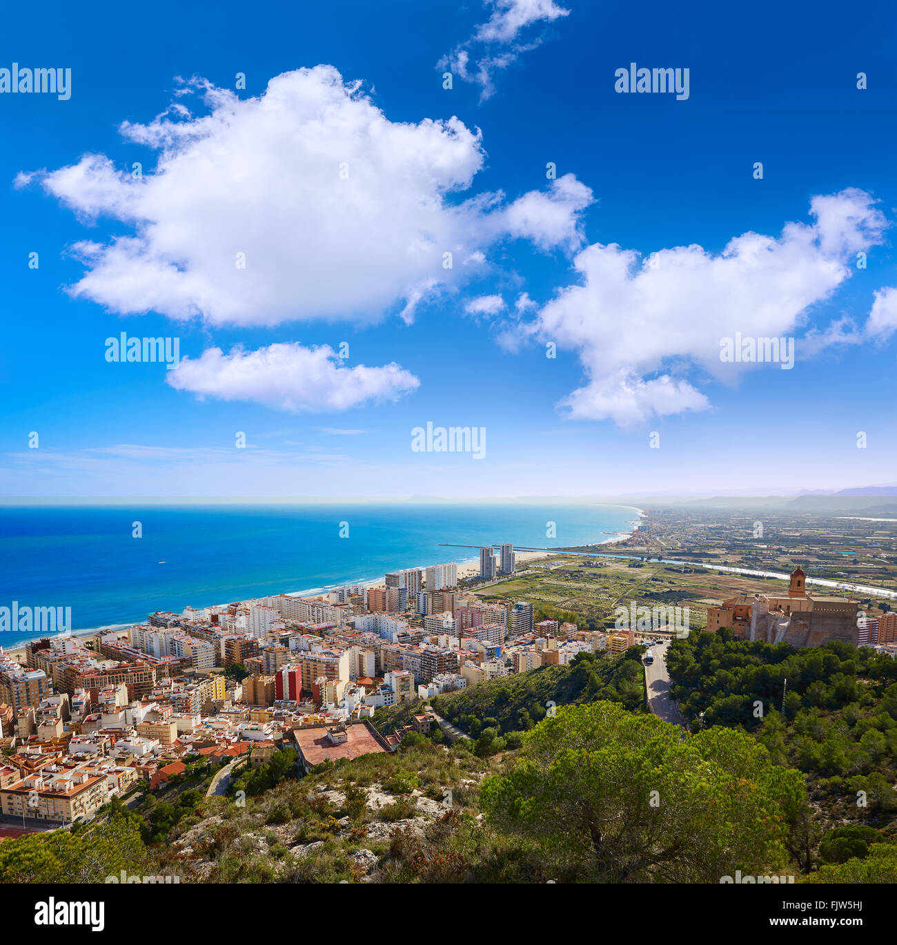 Cullera beach aerial with skyline of village in Mediterranean Valencia ...