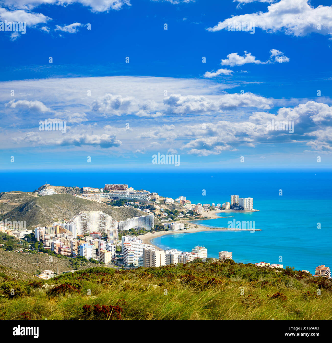Cullera beach aerial with skyline of village in Mediterranean Valencia ...