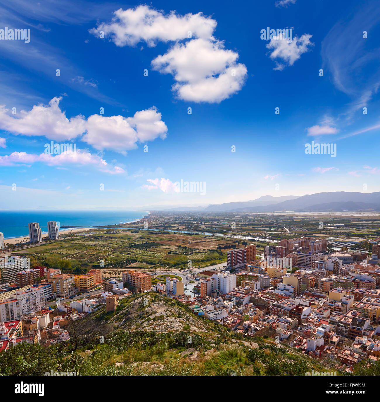 Cullera beach aerial with skyline of village in Mediterranean Valencia ...