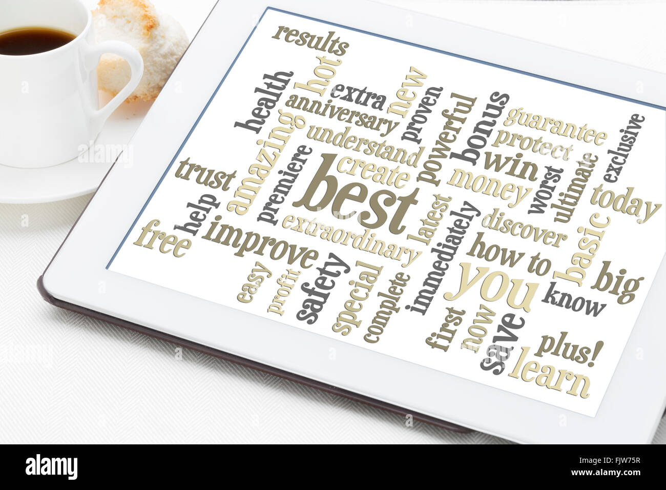 copywriting power words - word cloud on a digital tablet with a cup of ...
