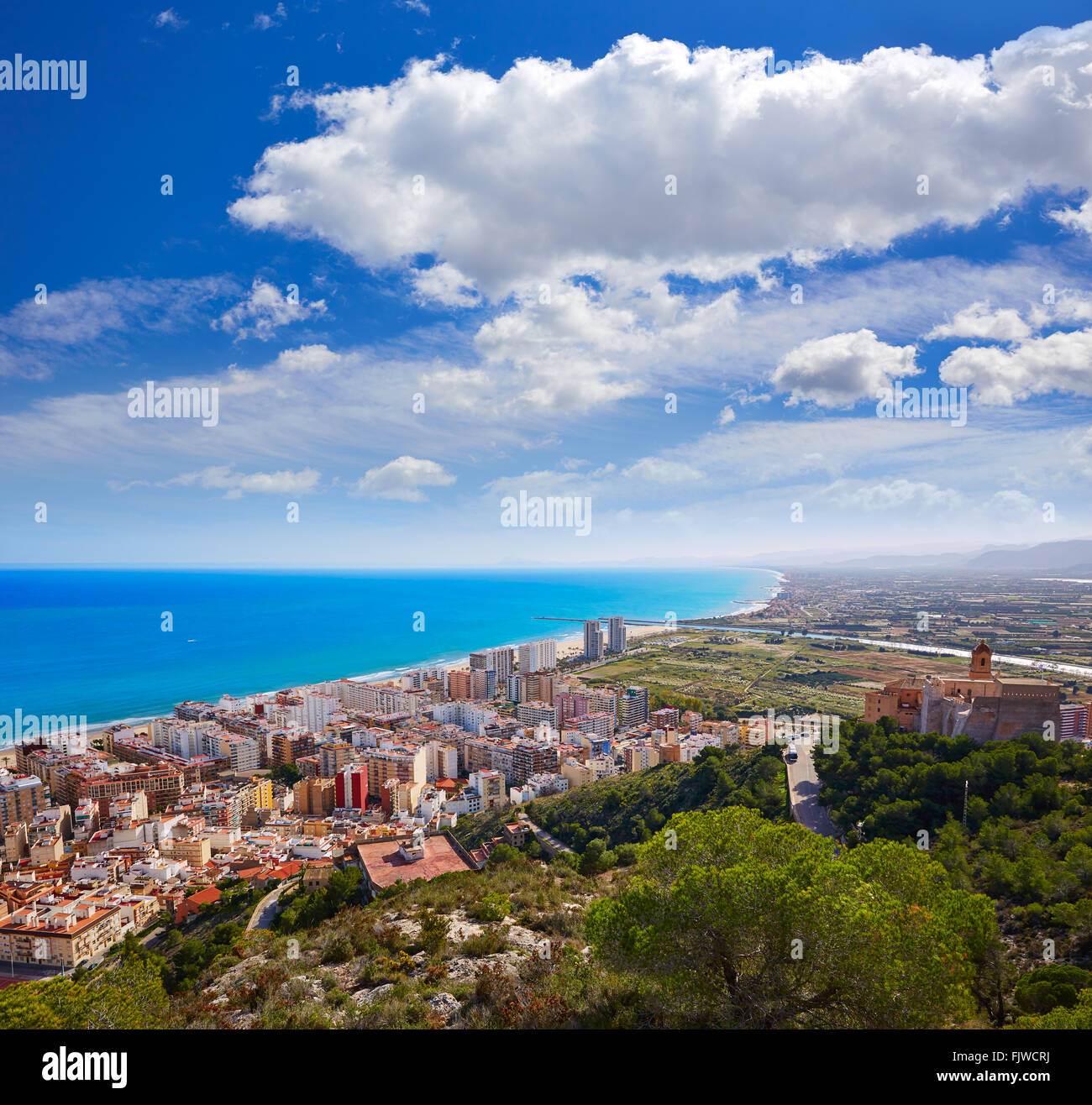 Cullera beach aerial with skyline of village in Mediterranean Valencia ...