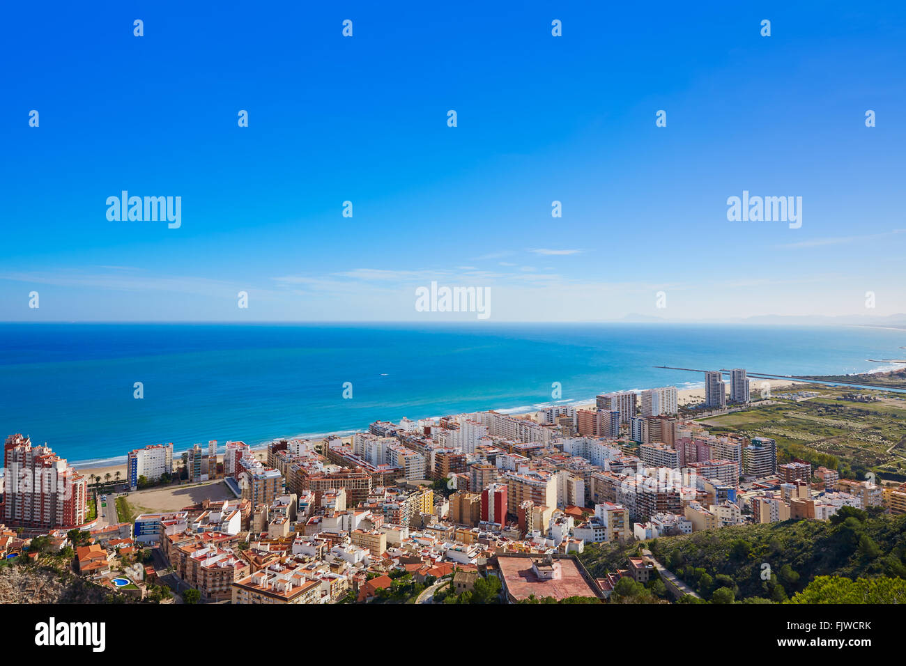 Cullera beach aerial with skyline of village in Mediterranean Valencia ...